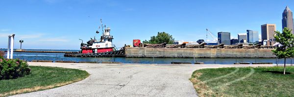 Tugboat barge and lift bridge.. on the Cuyahoga River, Cleveland.