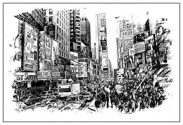 Rush Hour 49th & Broadway: New York city in pencil sketch...