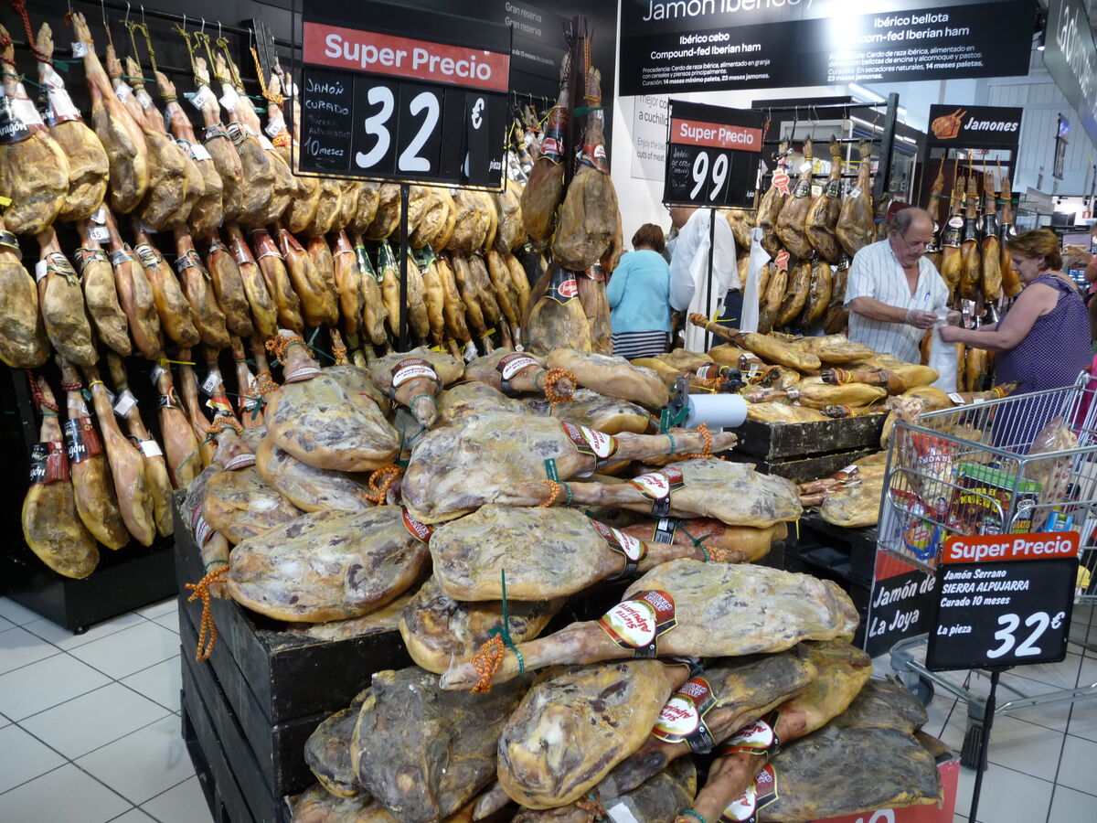 Ham,Sausages,Cheese,& Paella: Taken in a Spanish supermarket.