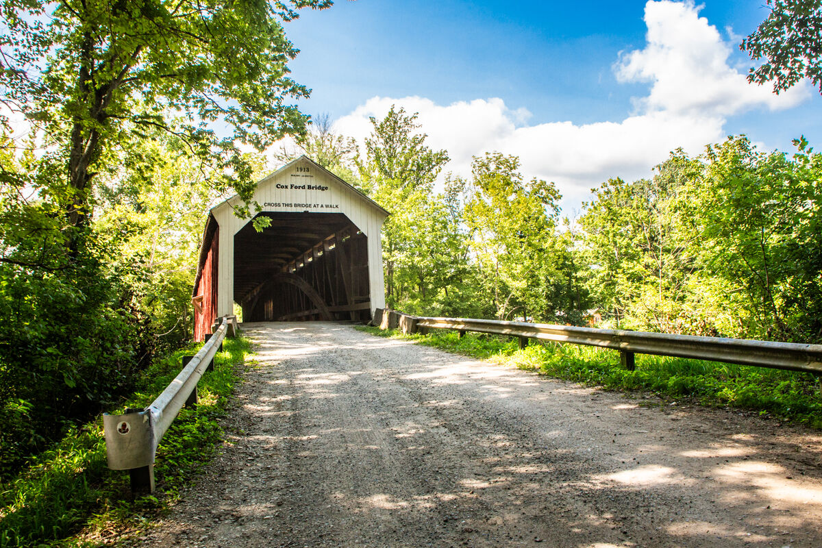 Cox Ford Bridge: This is another Parke County, IN, covered bridge crossing Sugar Creek. Its span ...