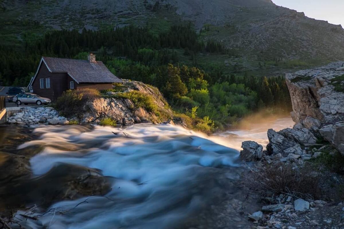 Swiftcurrent Falls: Setting up on the far side of the falls, using a ...