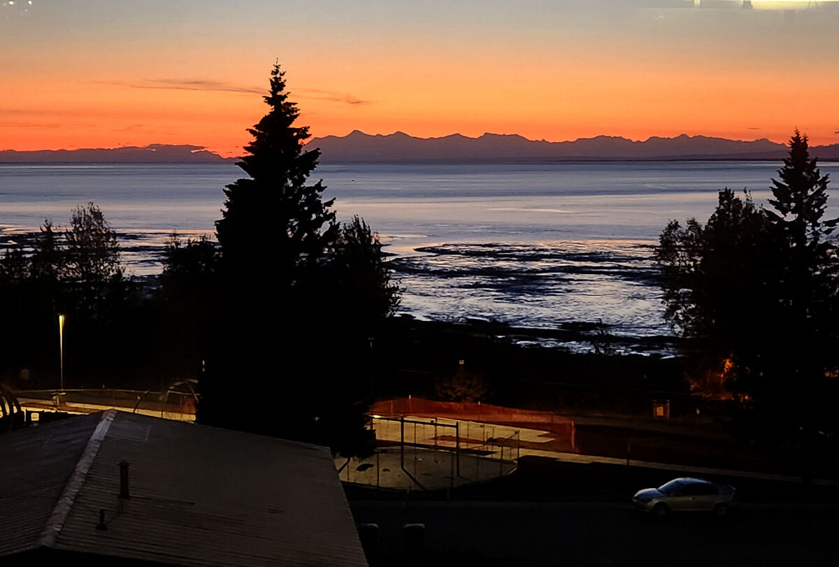 Dinner: Dinner, with a view. Dusk, Cook Inlet, Anchorage, AK.