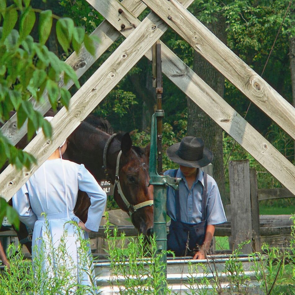 At the Mill: Middlebury, IN: a couple of young Amish getting water for ...