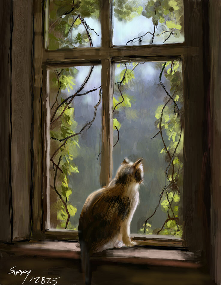 Digital Painting - Cat in Window: Cats and dogs quickly learn where the ...