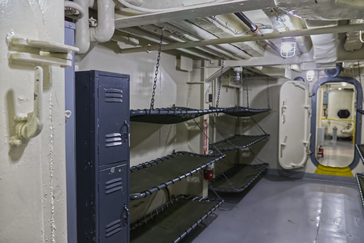 LST 393 - Part 4 - Crew Bunks & Mess: Crew sleeping area and mess hall.